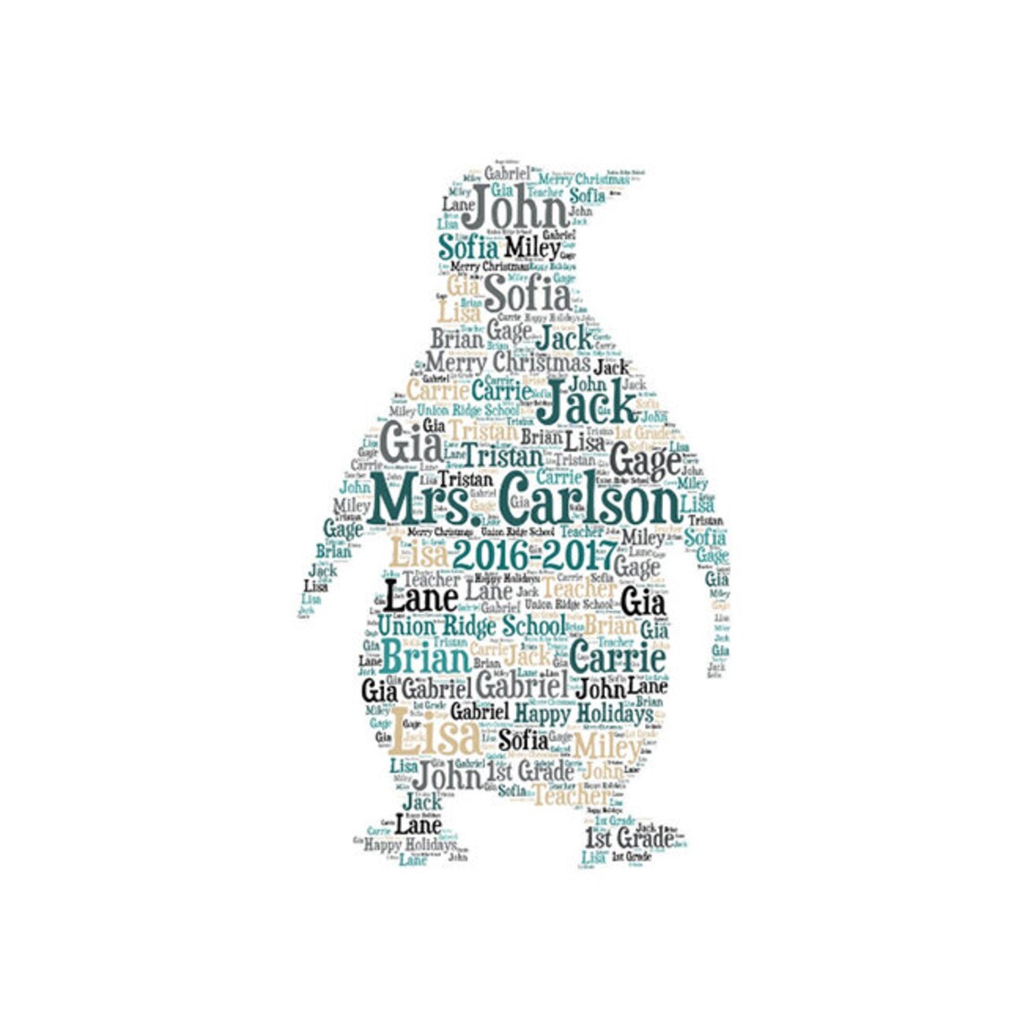 Digital PENGUIN word cloud art great teacher appreciation | Etsy
