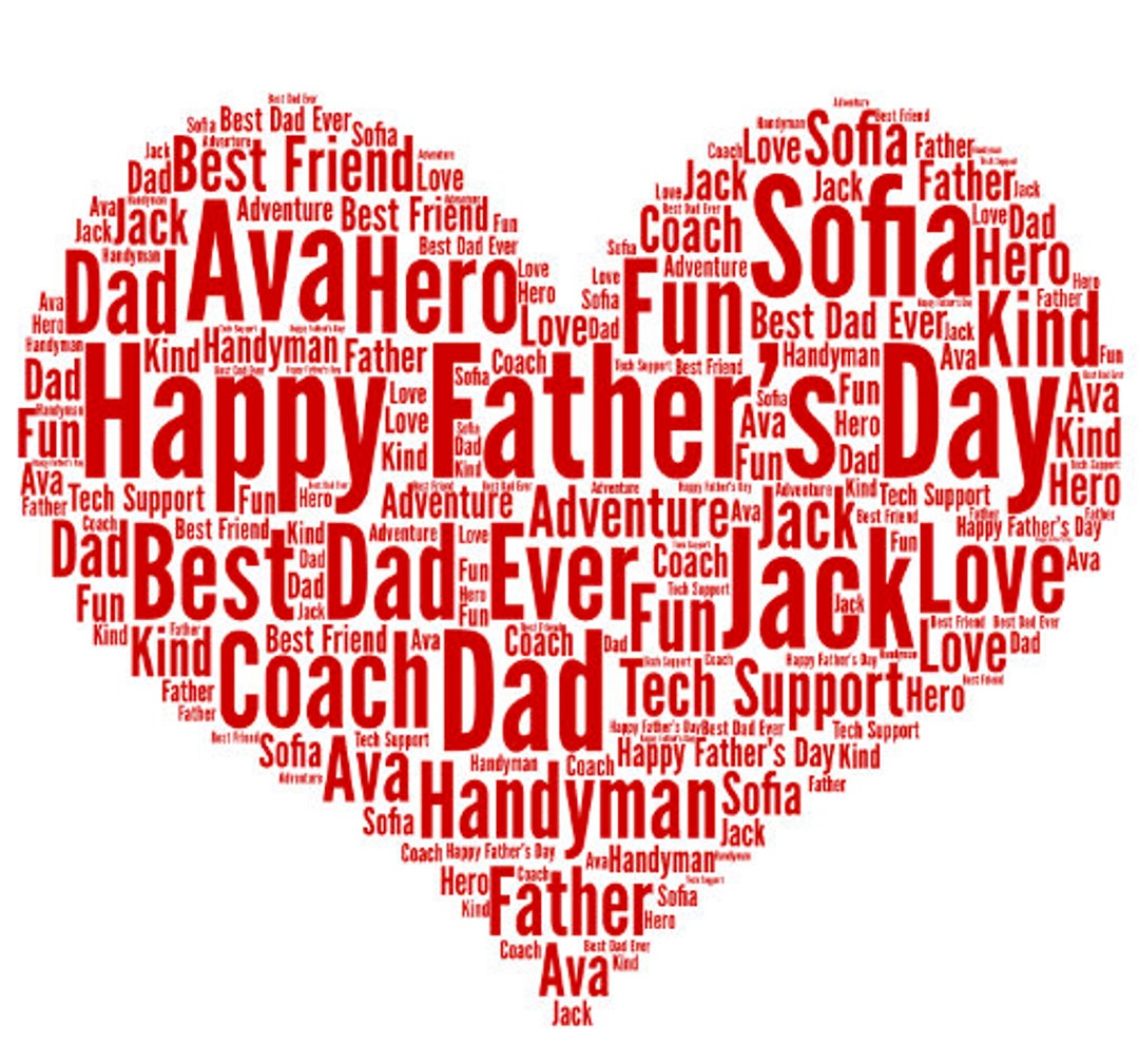 Digital Father's Day Word Cloud Art Heart Makes Great Gift Add Names of ...
