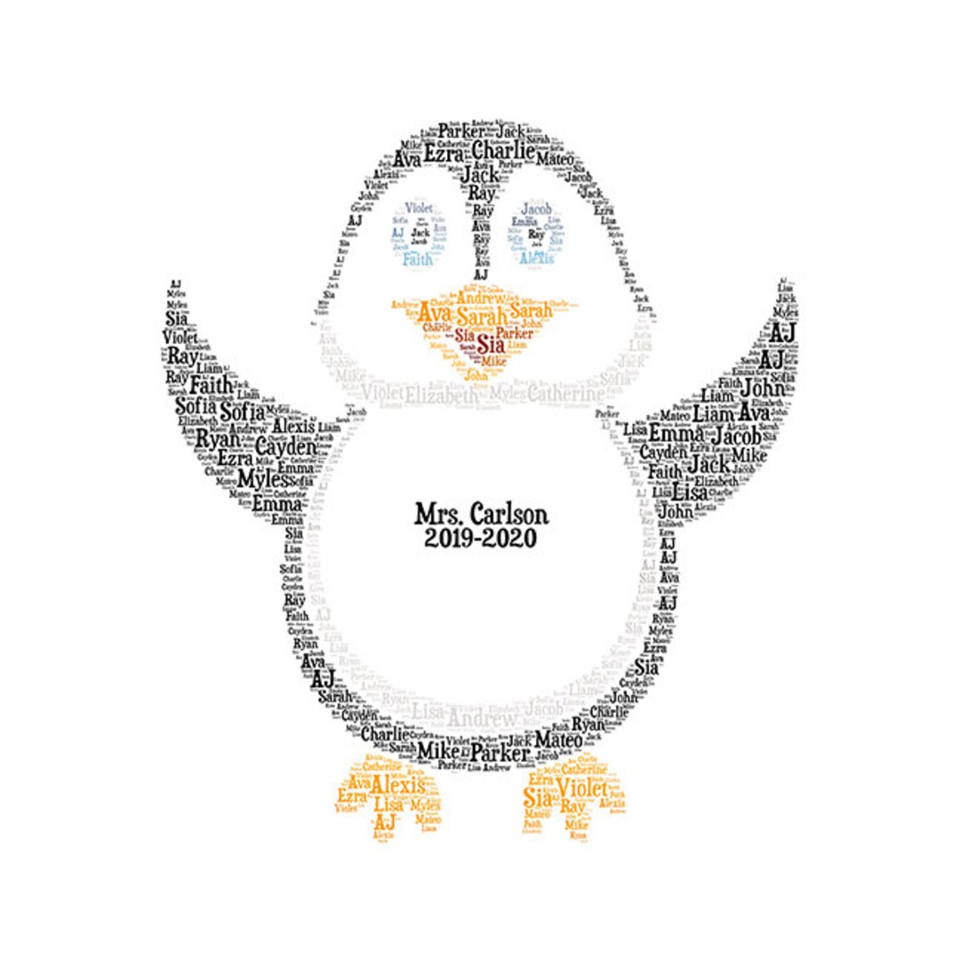 Digital PENGUIN Word Cloud Art - Great Teacher Appreciation Gift - Add ...