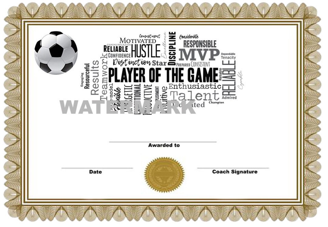 INSTANT DOWNLOAD - Futbol Soccer Player of the Game Certificate - Great ...