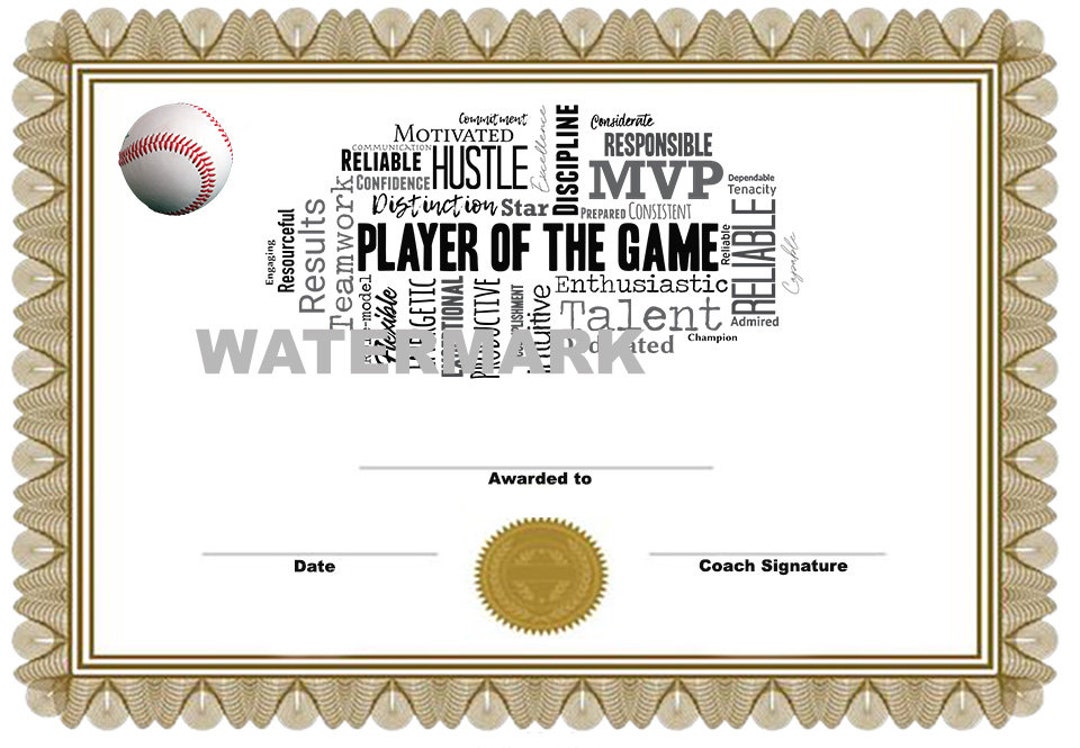INSTANT DOWNLOAD - Baseball Player of the Game Certificate - Great Tool ...