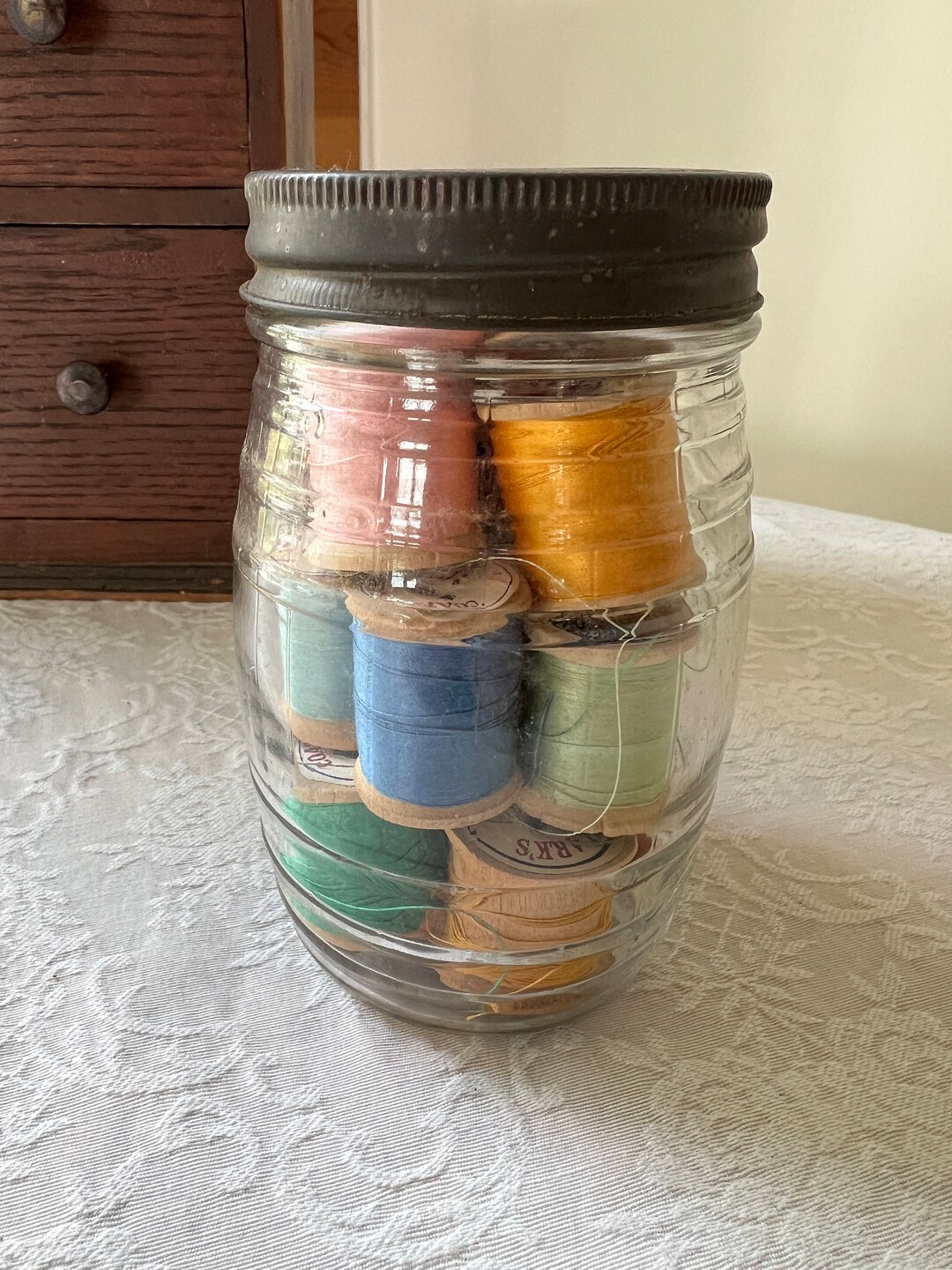 Vintage Thread on Wooden Spools in Vintage Jar / Rainbow Display of ...