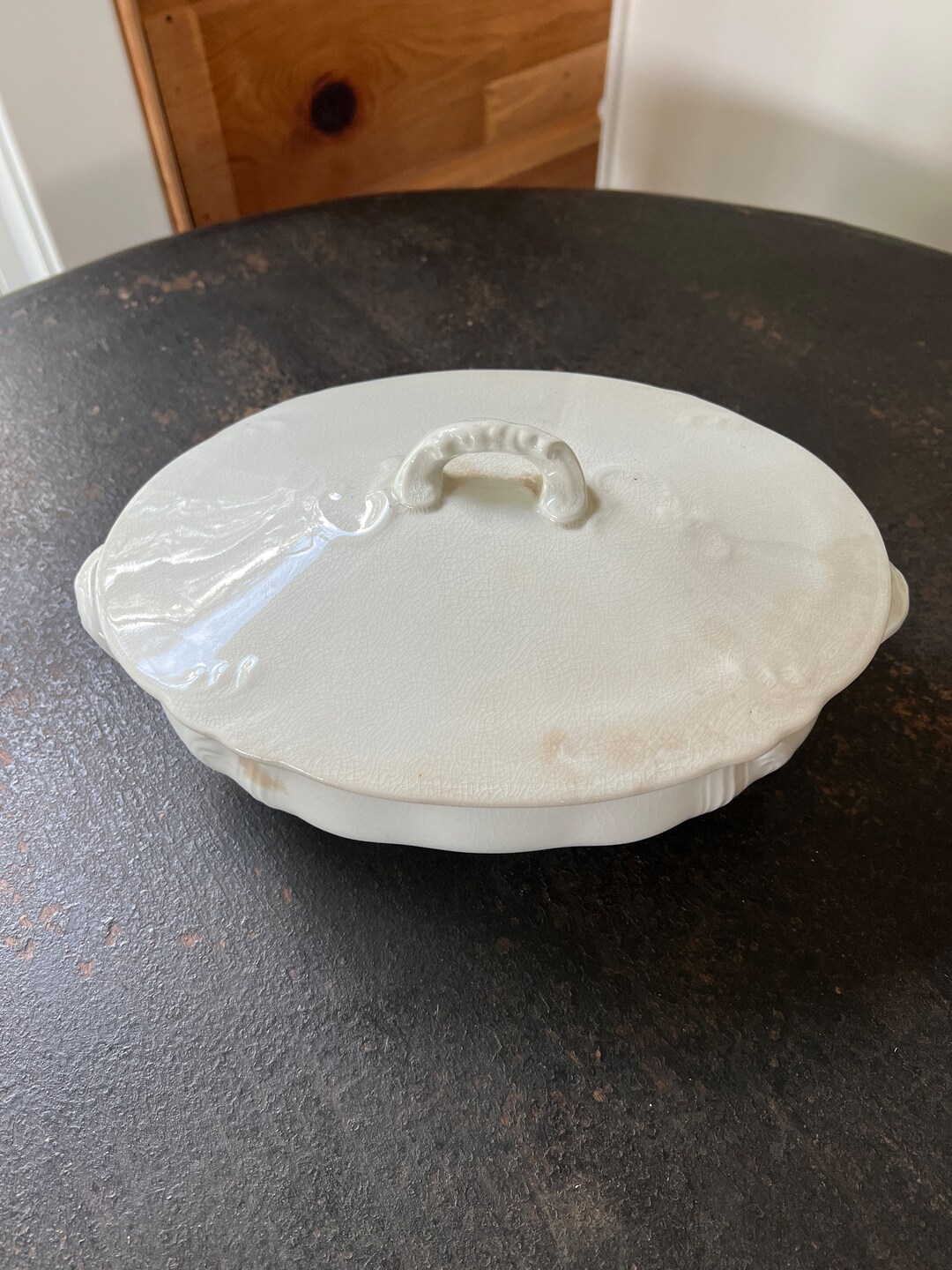 Antique White Ironstone Tureen Dish With Lid / Stained Crazed Ironstone ...