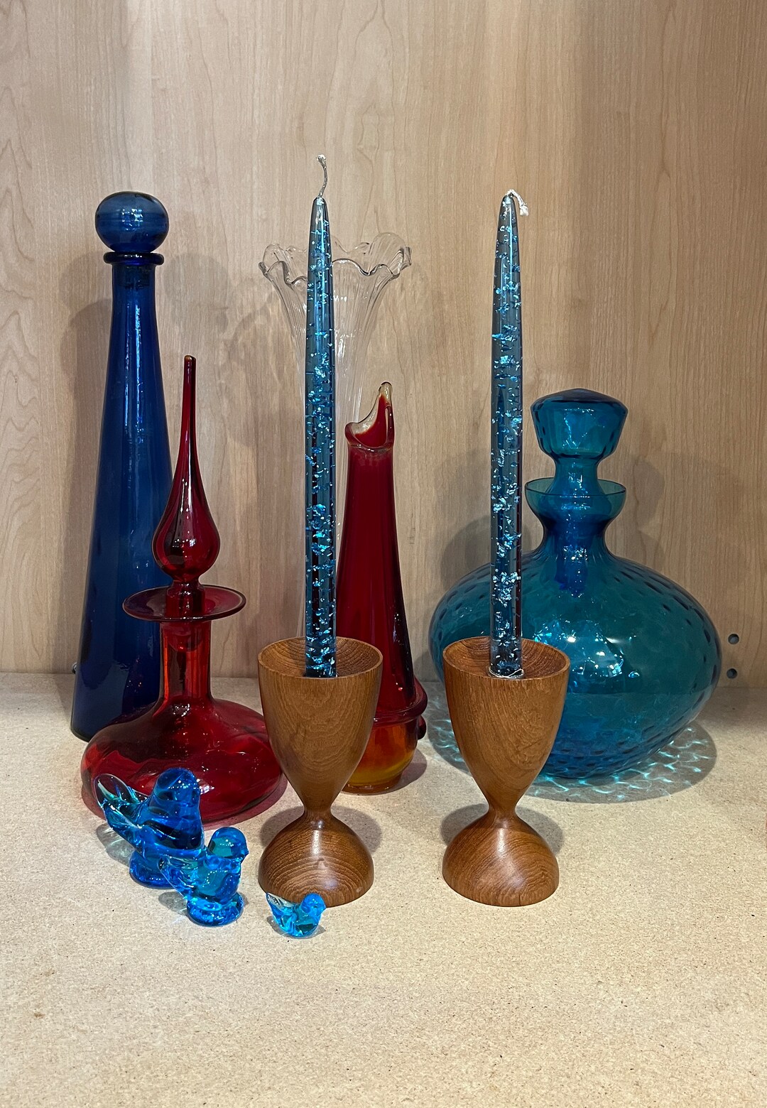 MCM Wooden Candle Holders With Wooden Taper Candles - Etsy