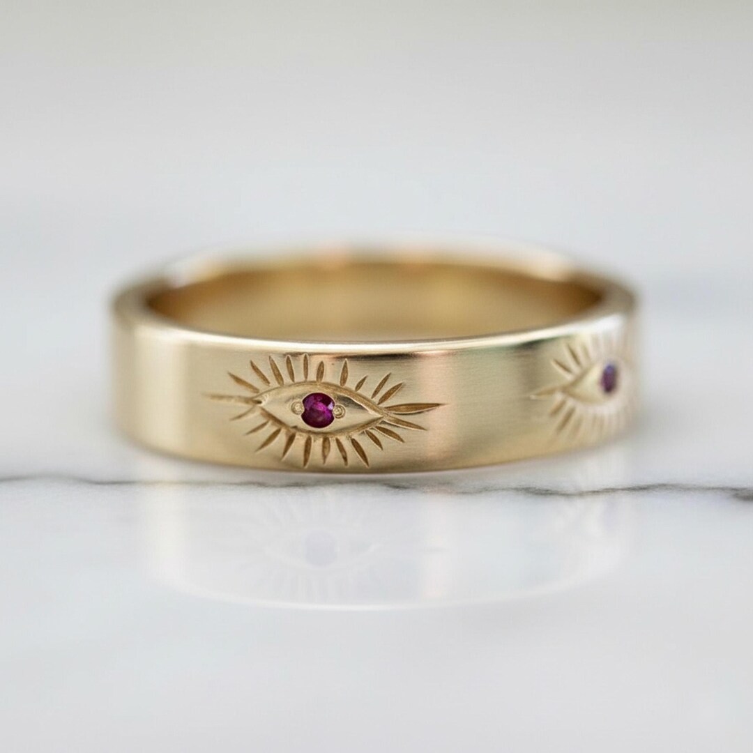 Gold Evil Eye Band-ring With Ruby Accent, Minimal Protective Symbol ...