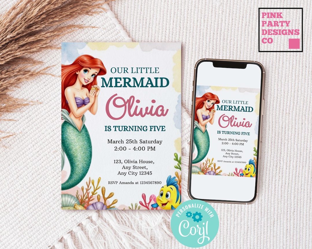 Ariel Birthday Invitation Template, Little Mermaid Princess Invite ...