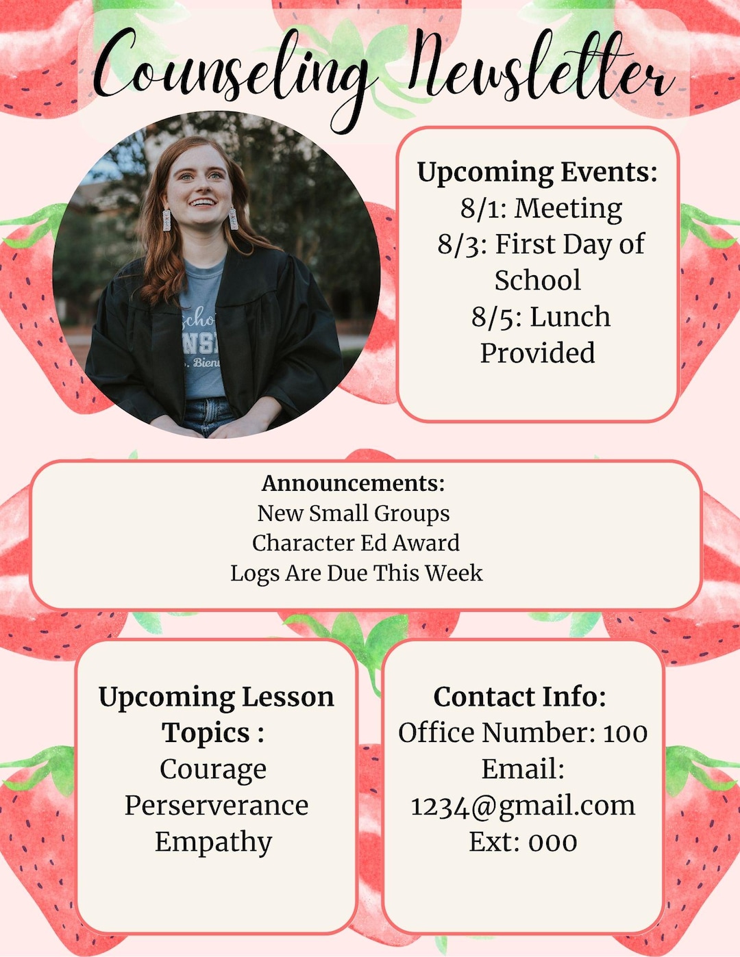 Strawberry-themed School Counselor Newsletter Template – Instant ...
