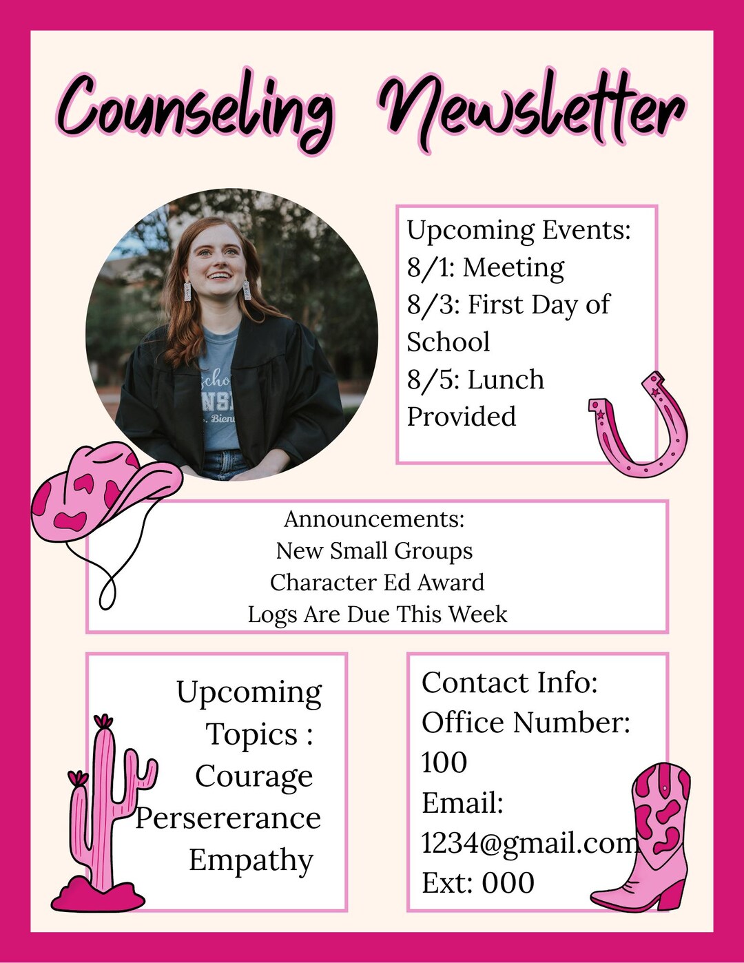 Pink Western- Cowgirl-themed School Counselor Newsletter Template ...