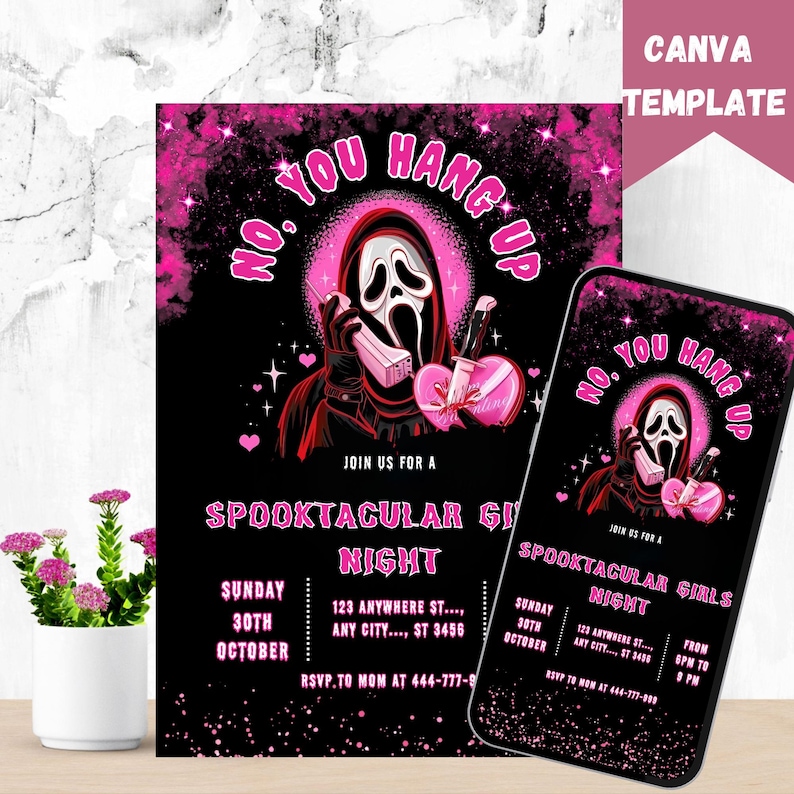 Pink Mask Halloween Party Invitation: Spooky Girls Night (digital ...