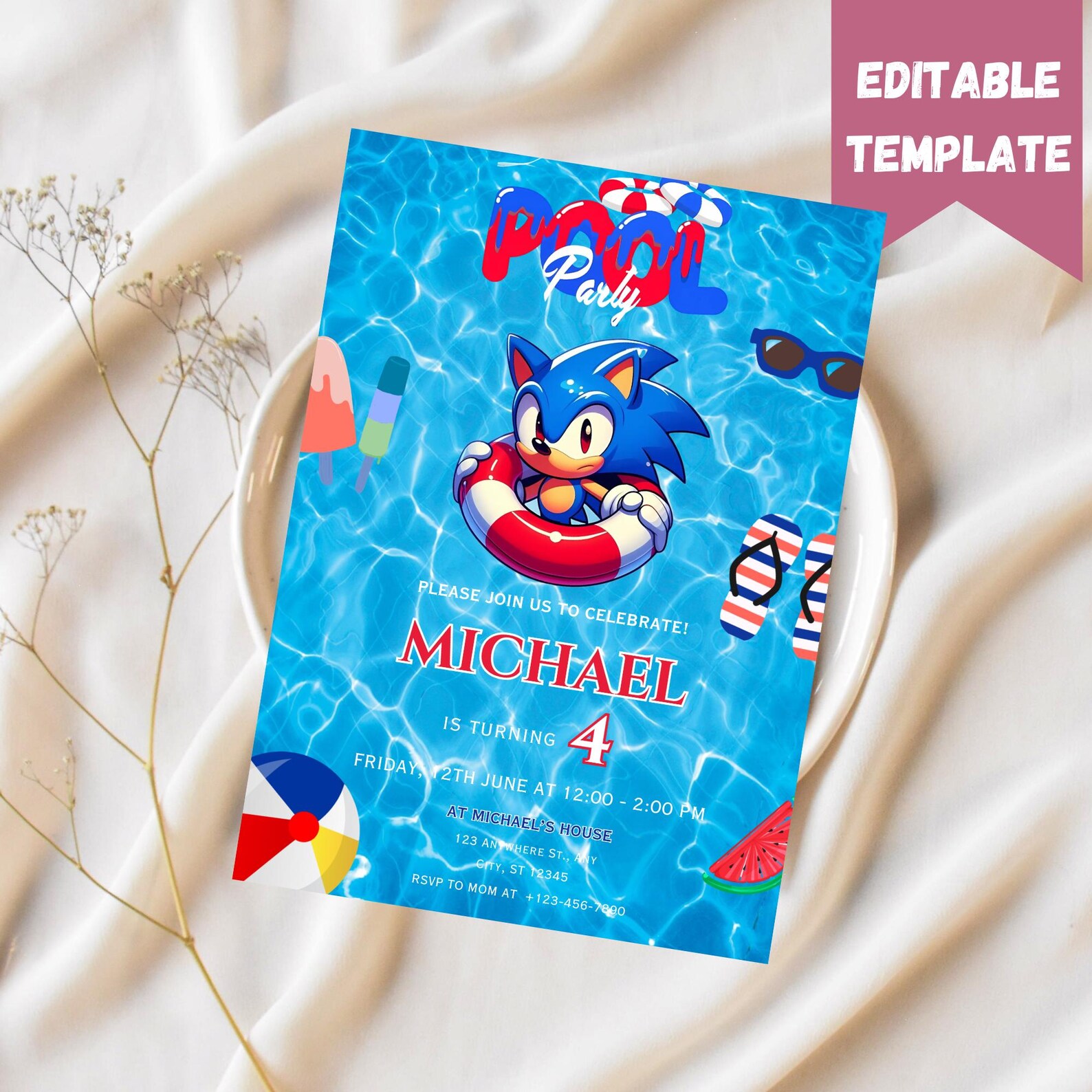 Sonic Pool Party Invitation: Editable Birthday Canva Template (digital ...