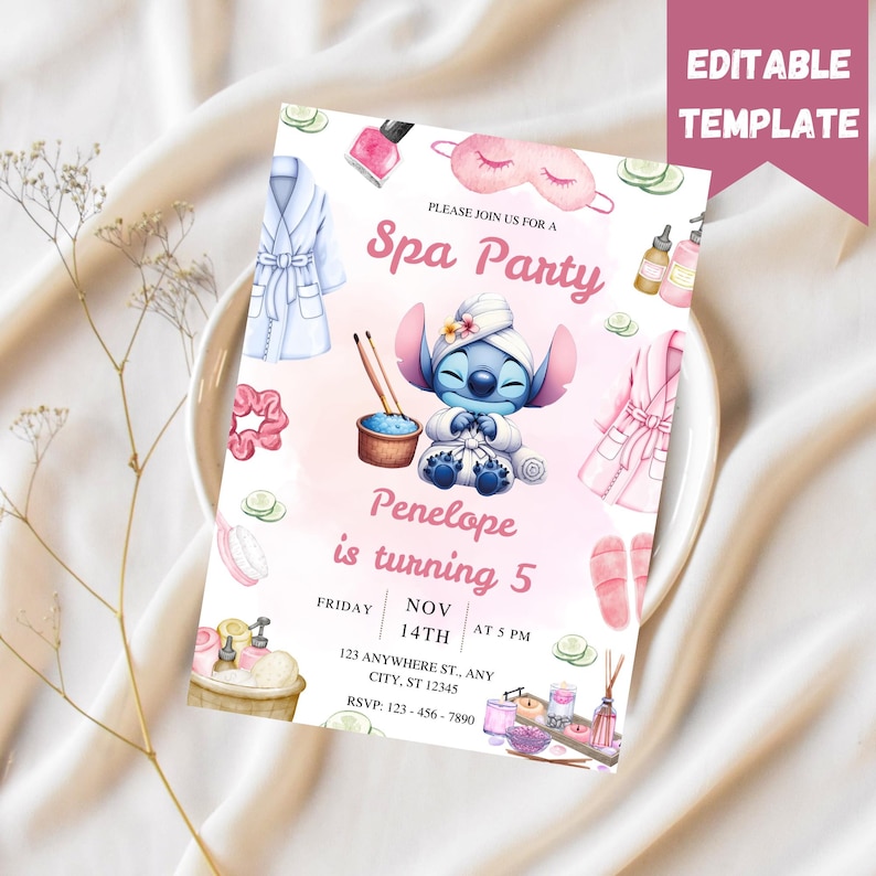 Personalized Stitch Spa Party Invitation: Editable Birthday Invite ...