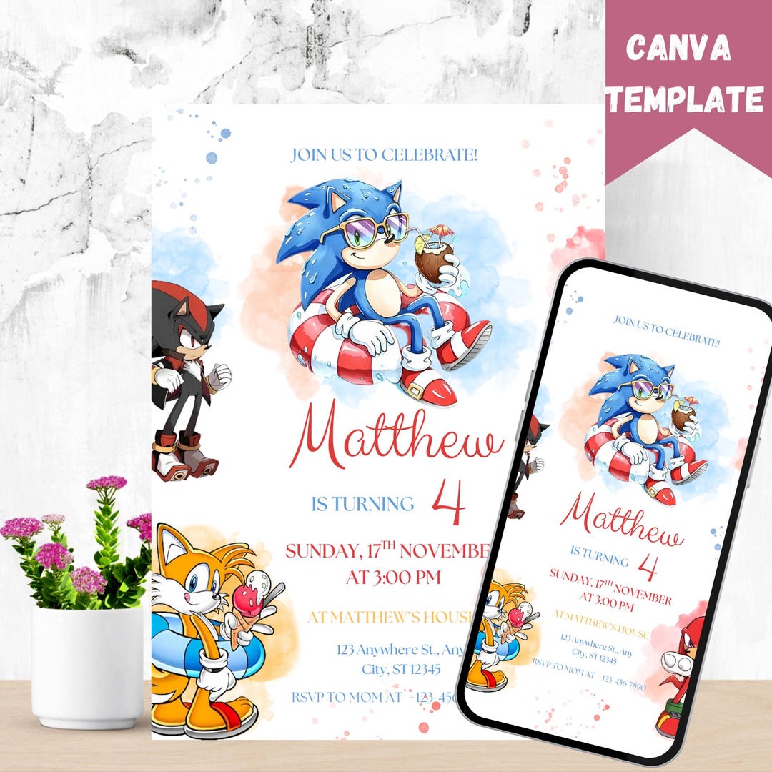 Sonic Pool Party Invitation: Editable Birthday Canva Template - Etsy