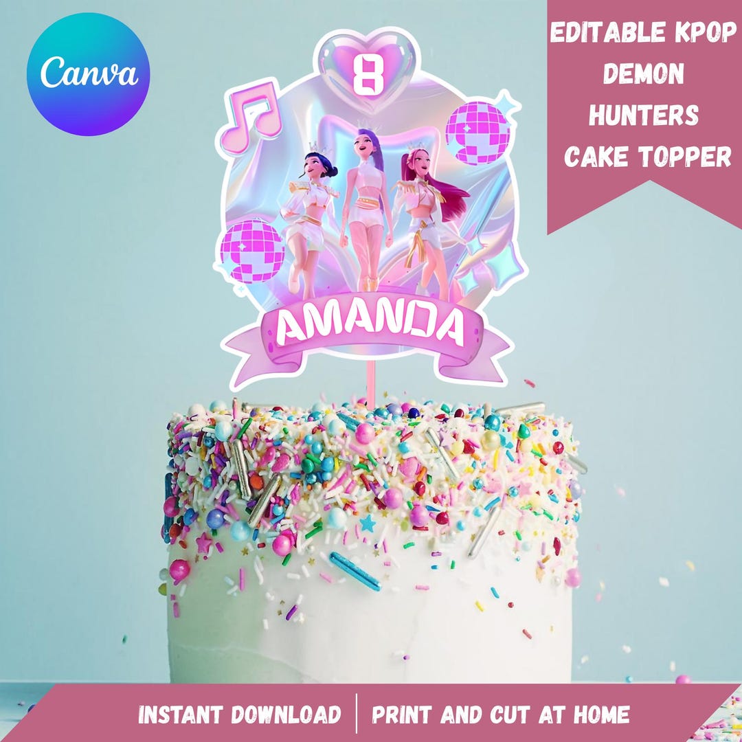 K-pop Demon Hunters Cake Topper, Editable Birthday Party Decoration ...
