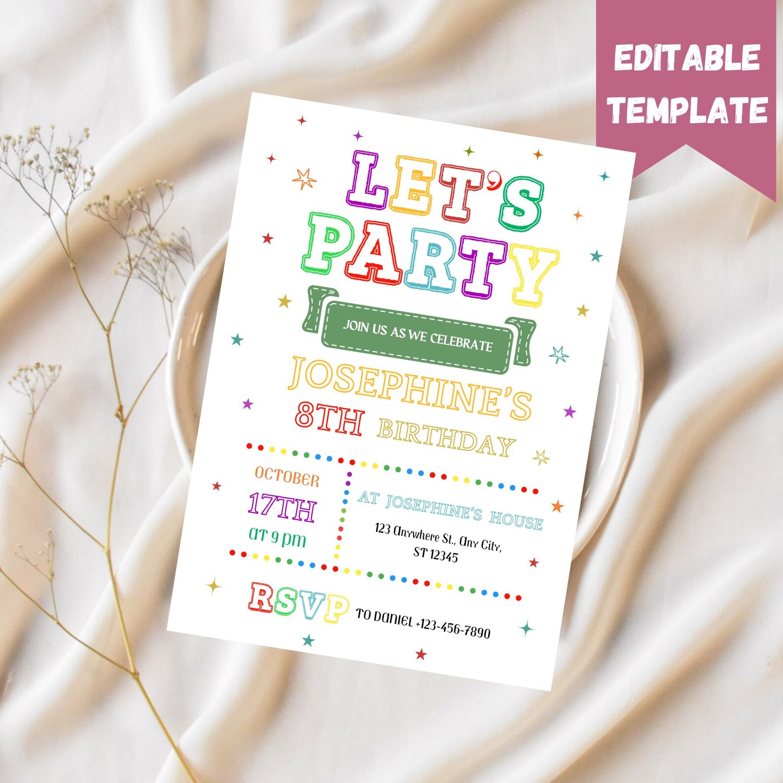 Colorful Birthday Party Invitation: Editable Template (instant Download ...