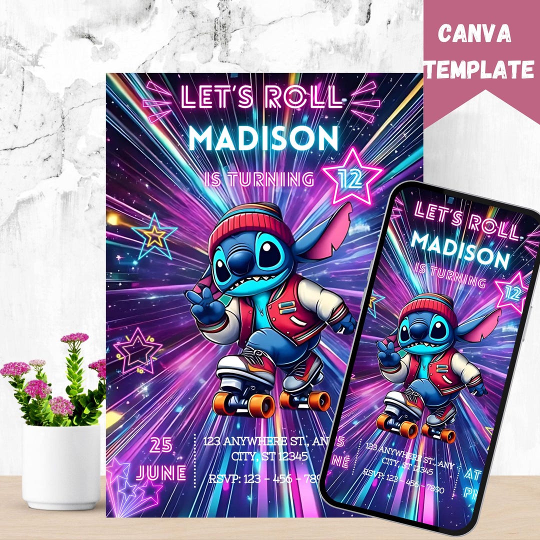 Stitch Roller Skating Birthday Invitation: Lilo & Angel Skate Party ...