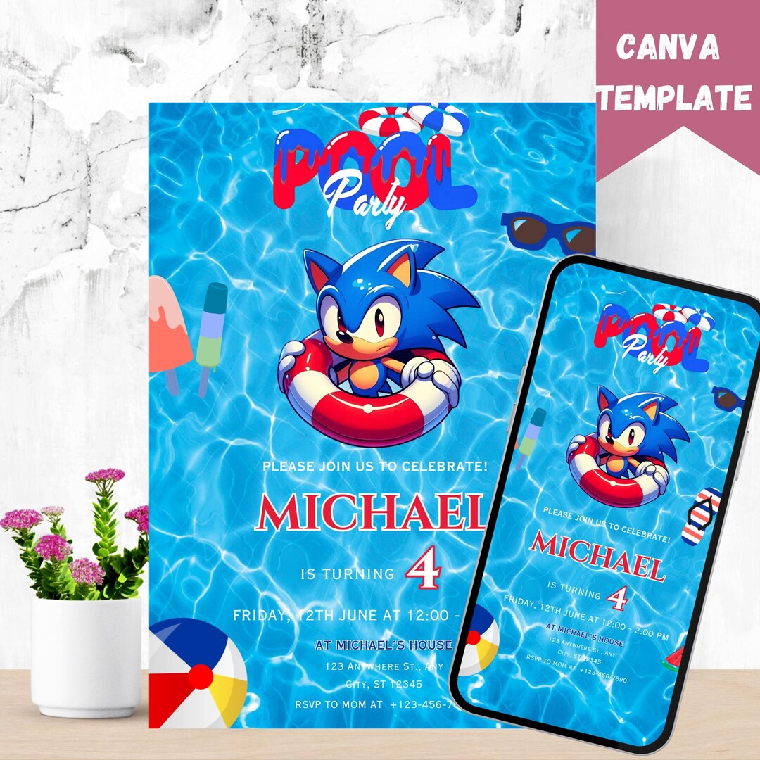 Sonic Pool Party Invitation: Editable Birthday Canva Template (digital ...