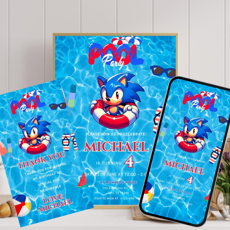 Sonic Pool Party Invitation: Editable Birthday Canva Template (digital ...