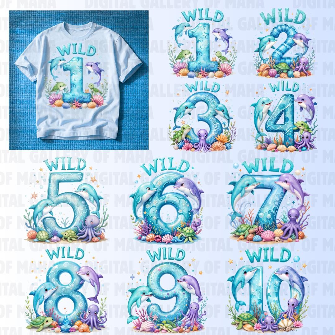 Dolphin Birthday Numbers 1-10 PNG Bundle: Ocean Party Clipart (digital ...