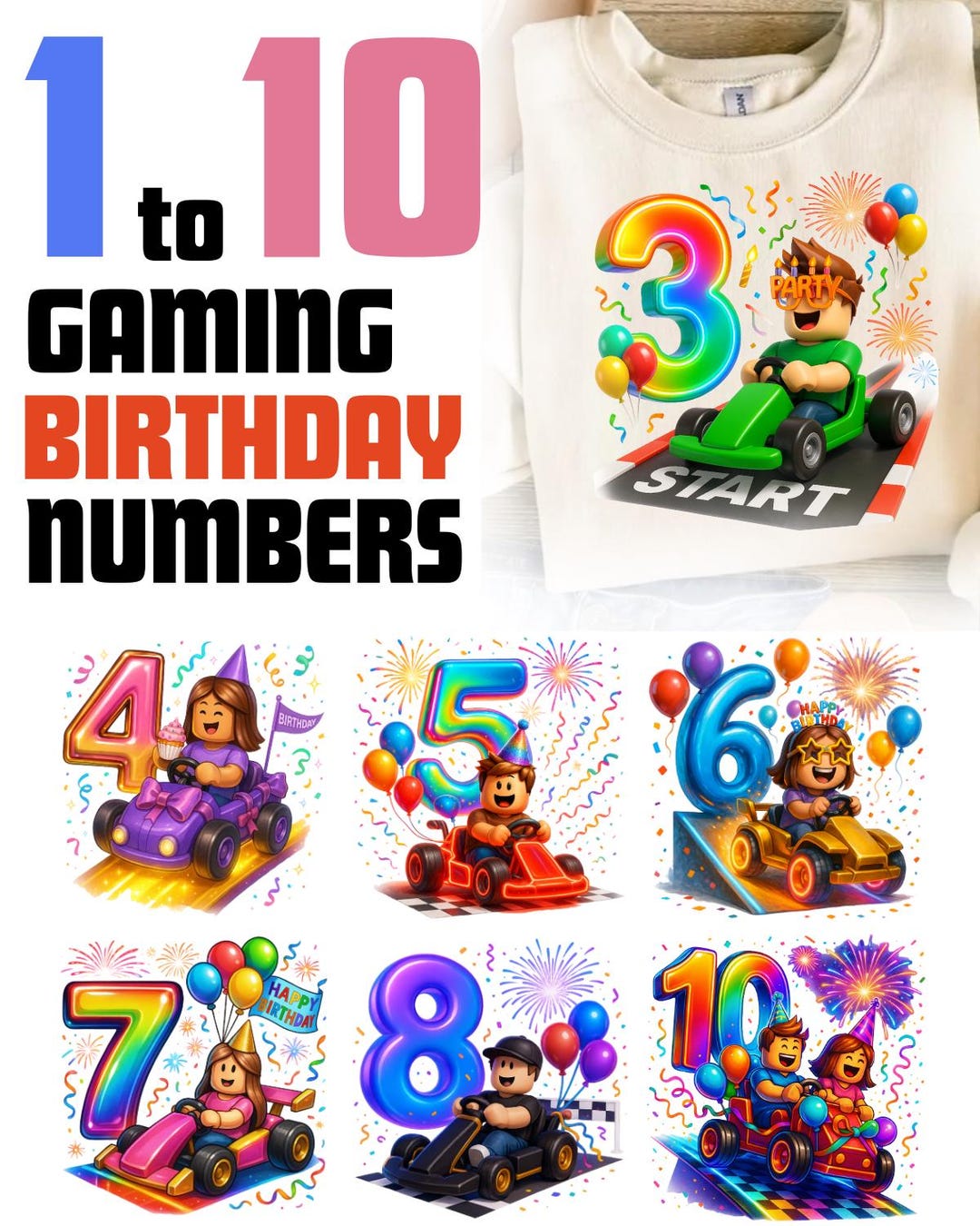 Gaming Birthday Numbers 1-10 PNG Bundle: Kids Racing Party (digital ...
