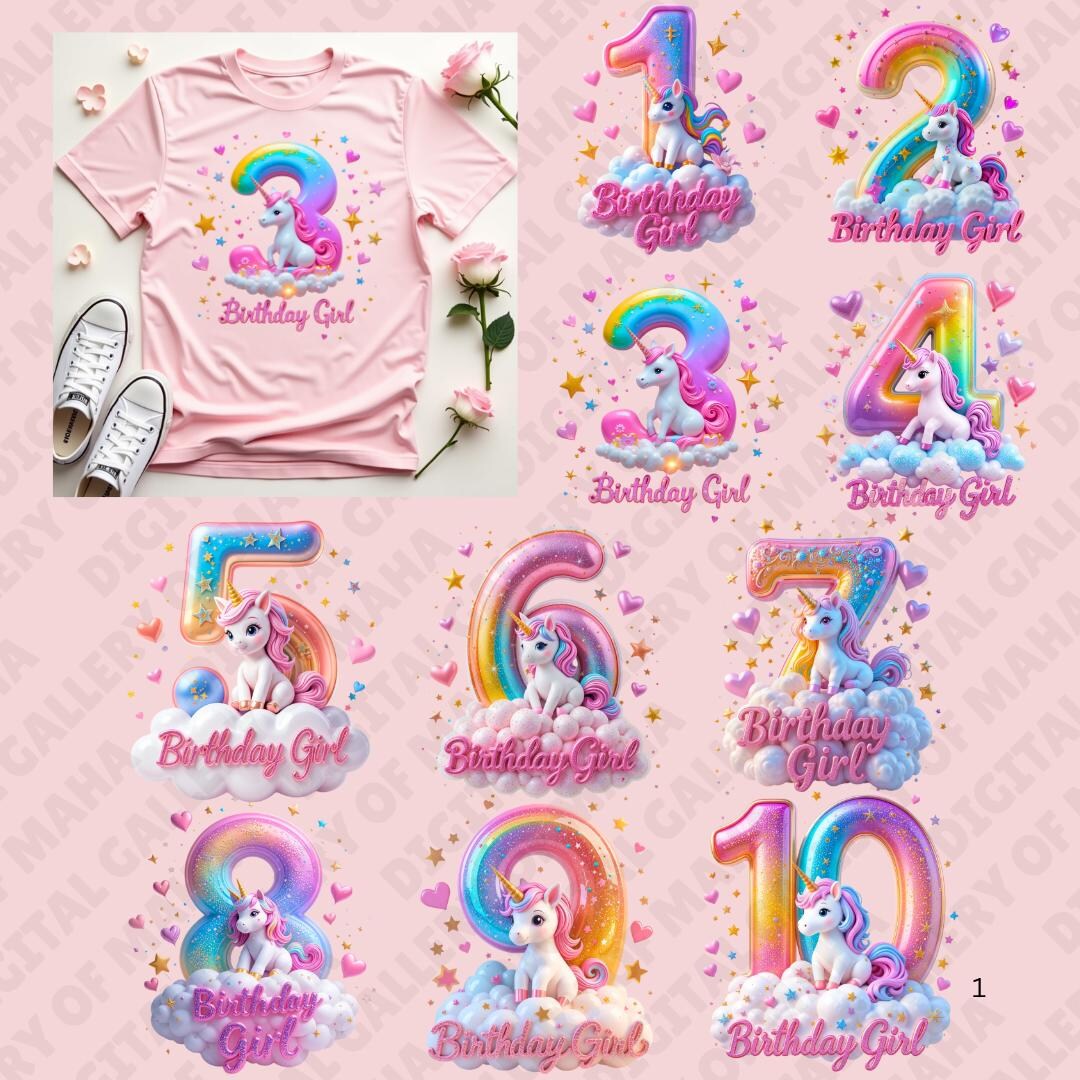 Unicorn Birthday Girl PNG Bundle: Rainbow Numbers Clipart (digital ...