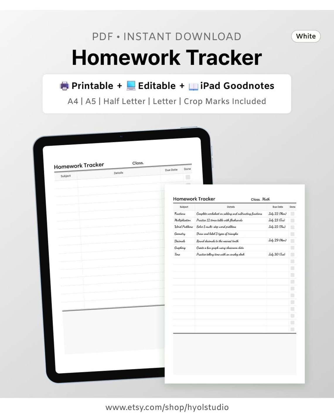 Homework Tracker Printable | Minimalist Black and White | A4 A5 Letter ...