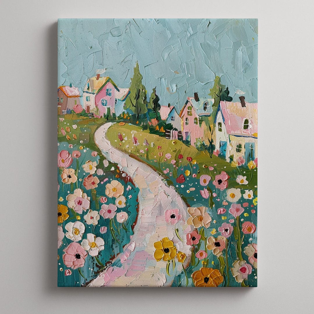 Printable Coastal Pathway Through Pastel Cottages - Cute Cottagecore ...