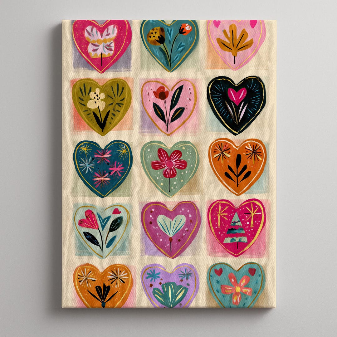 Printable Heart Motif Folk Art Wall Decor - Retro Cottagecore Hearts ...