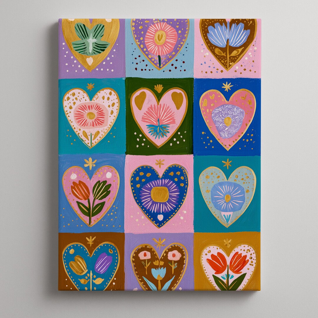 Printable Folk Art Heart Grid Wall Art, Cottagecore Floral Hearts Decor ...