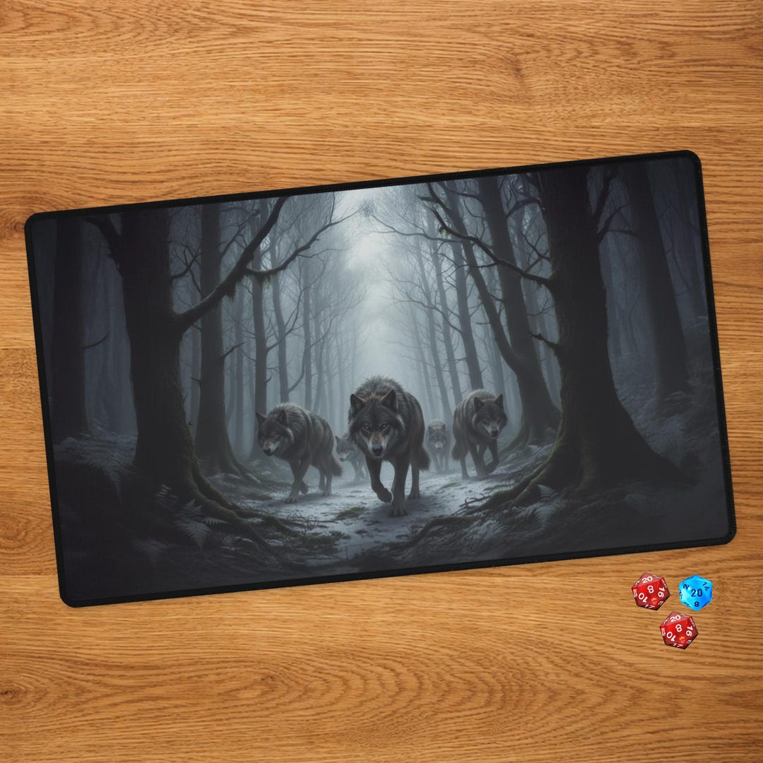 Wolf Pack MTG Playmat With Zones | Atmospheric Foggy Forest TCG Desk ...