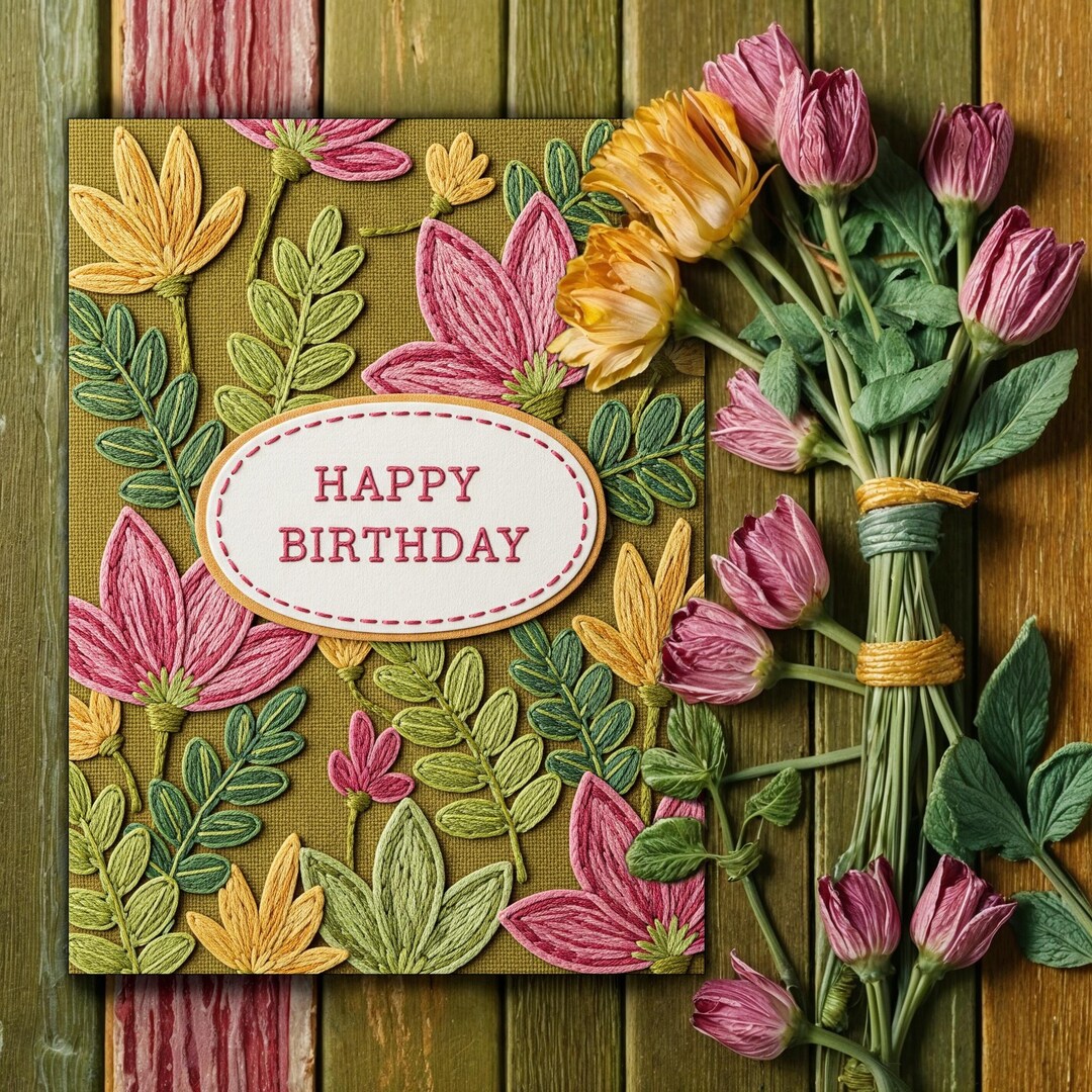 Botanic Stitch Birthday Card – Printable Embroidered Design (4x6 & 5x7 ...