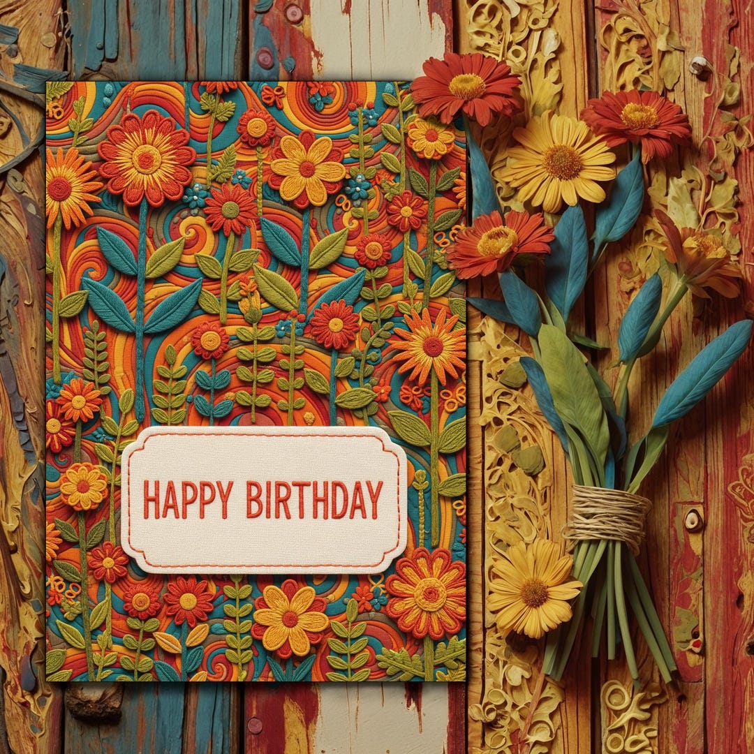 Retro Floral Birthday Card – Printable Embroidered Design (4x6 & 5x7 ...