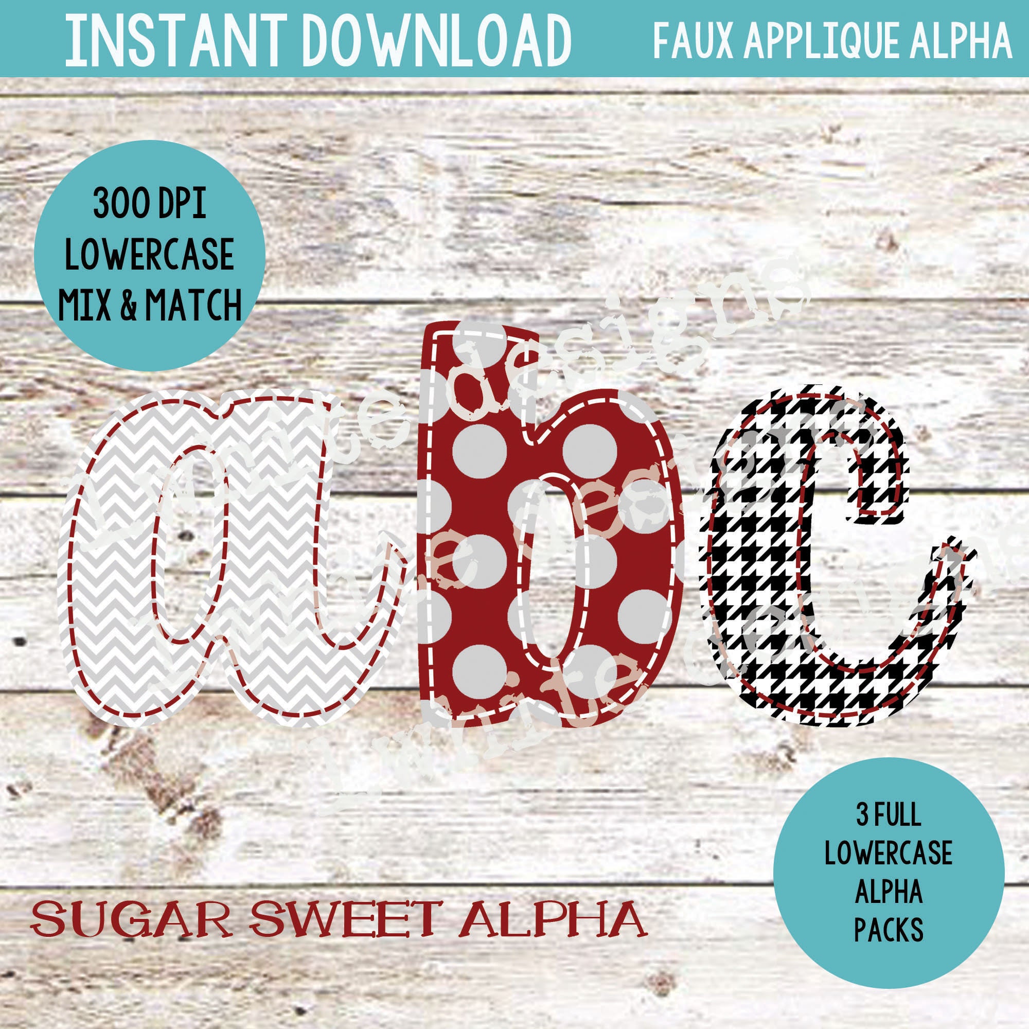 3 Full Lowercase Faux Applique Alpha Packs. Alabama Inspired Individual ...
