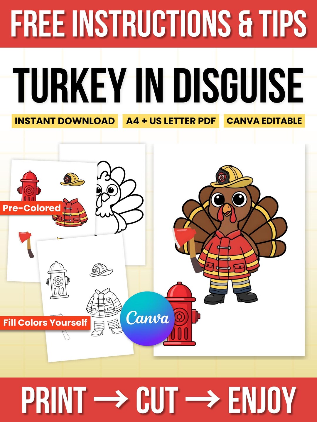 Firefighter Turkey Disguise Printable, Thanksgiving Activity (PDF) - Etsy
