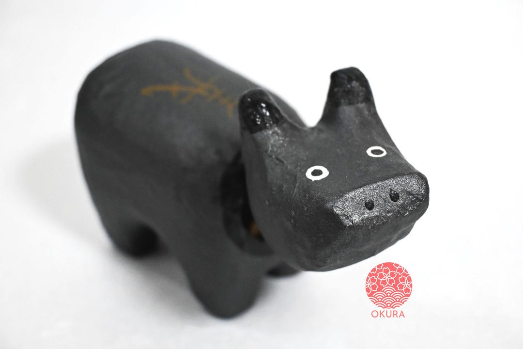 Vintage Black Akabeko With Kanji, Japanese Lucky Cow for Protection ...