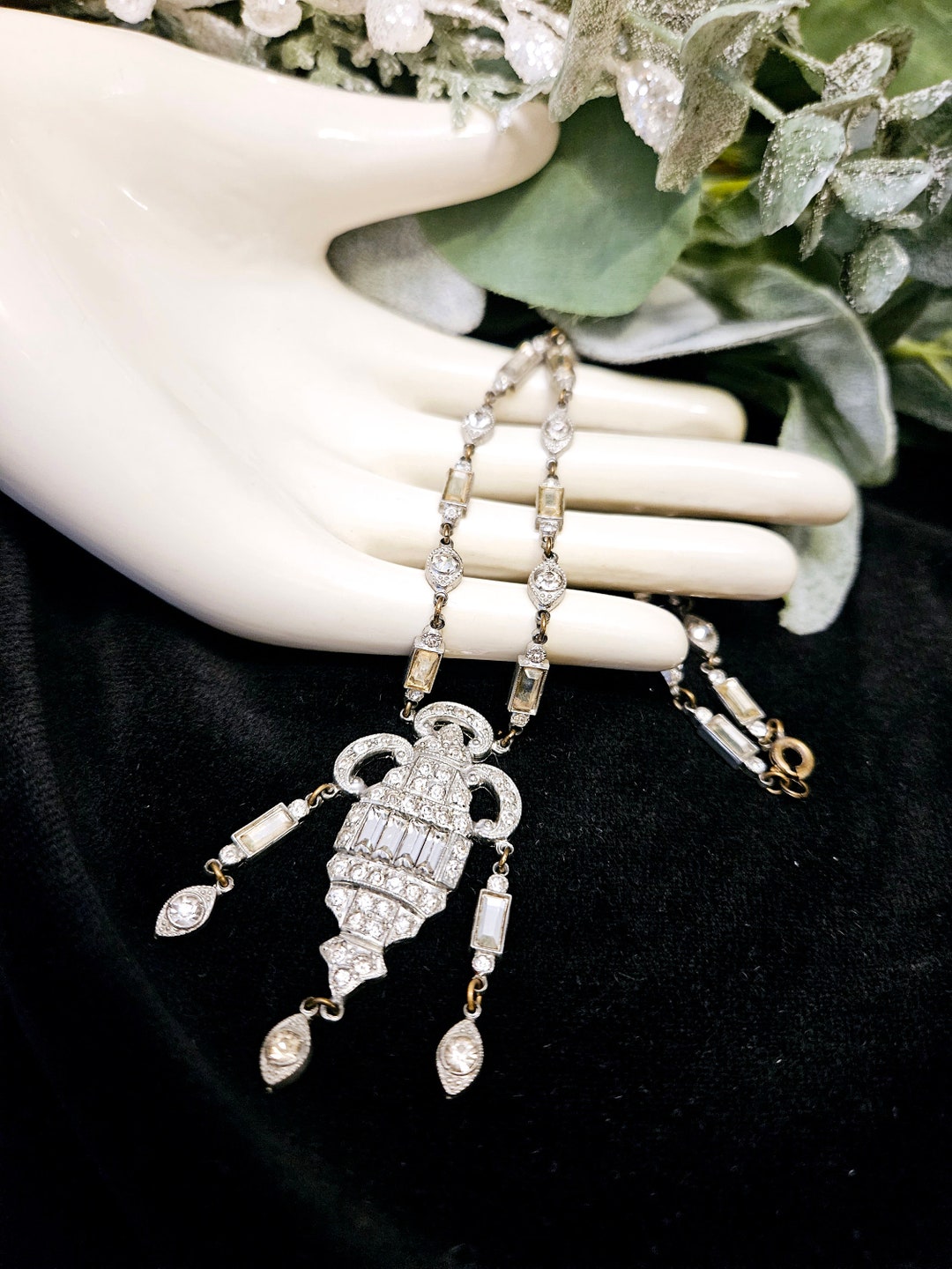 Antique 1920s Art Deco Lavalier Necklace With Baguette Rhinestones and ...