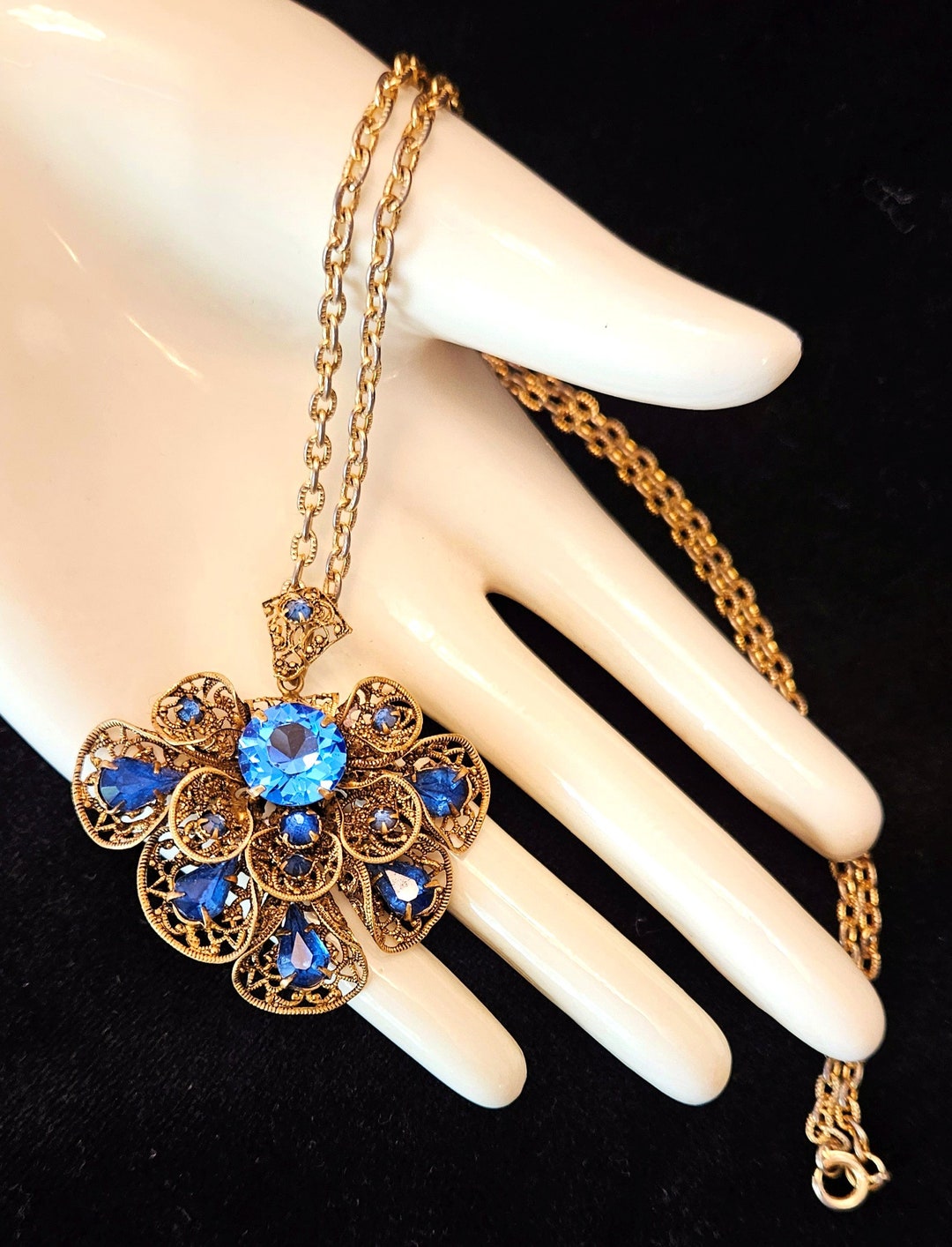 Vintage Signed CZECHOSLOVAKIA Filigree Pendant & Chain Necklace With ...