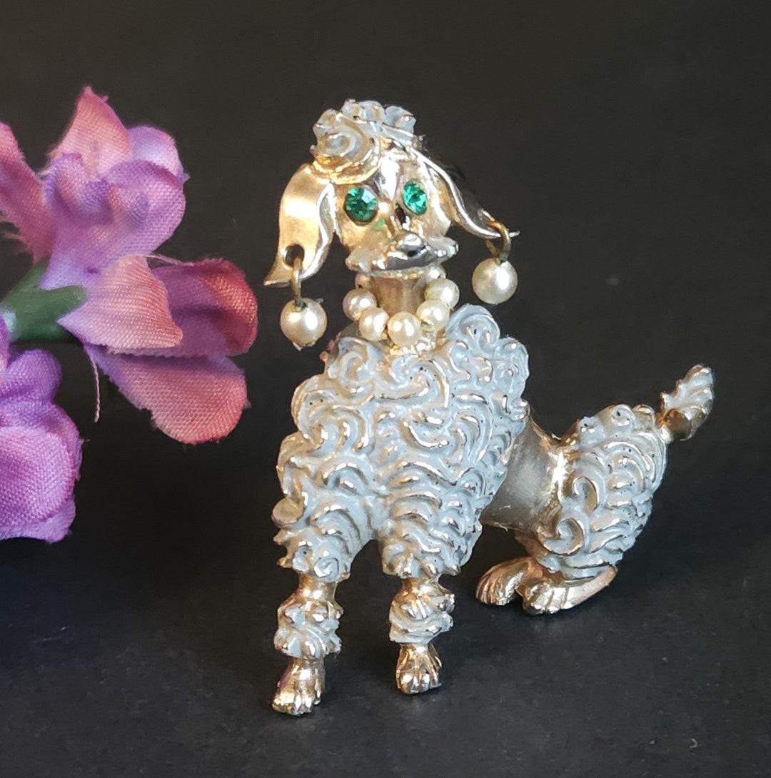 Vintage Standing Enamel Rhinestone Poodle Brooch With Faux Pearl ...