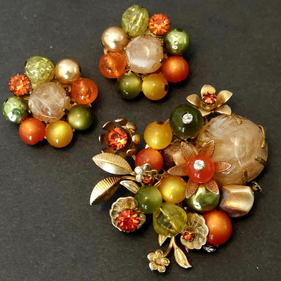 Vintage WEST GERMANY Orange Green Gold Cluster Bead a… - Gem
