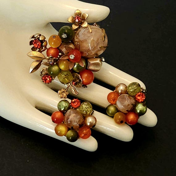 Vintage WEST GERMANY Orange Green Gold Cluster Bead a… - Gem