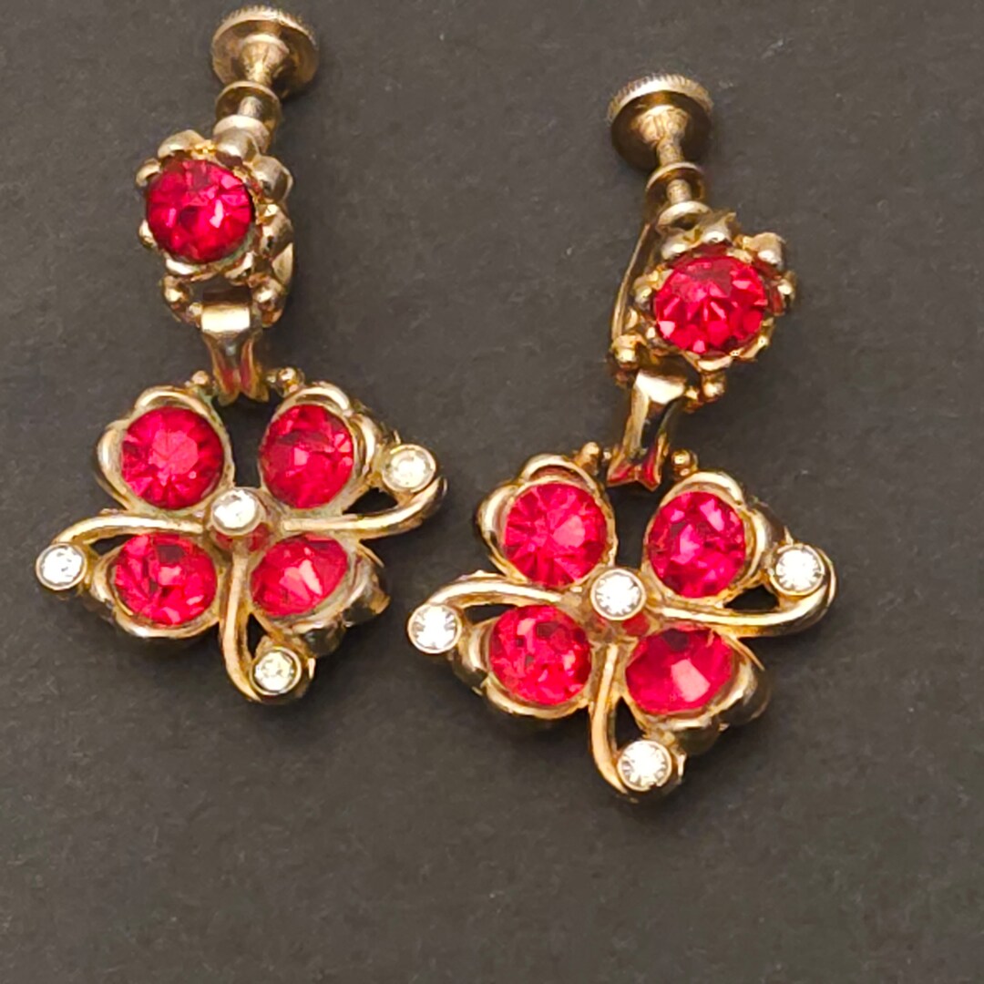 Vintage Poppy Shamrock 4 Leaf Clover Red Rhinestone Drop Dangle Screw ...