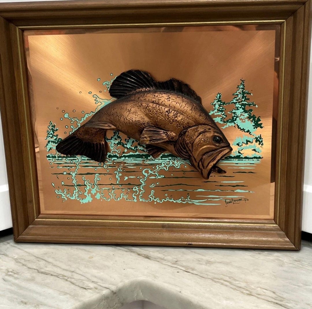 Vintage 1976 John Louw Copper Relief: 3D Leaping Bass, Framed Cabin Art ...