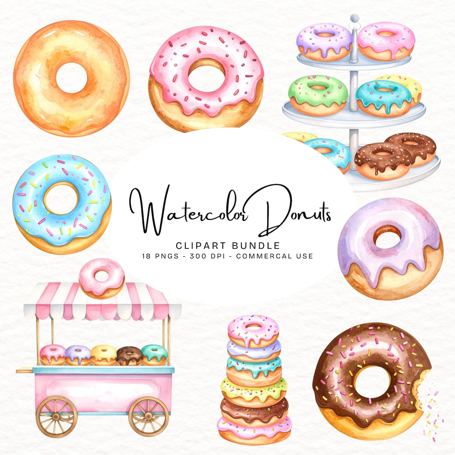 Pastel Donut Clipart Set, Watercolor Sweets (PNG, Commercial Use ...