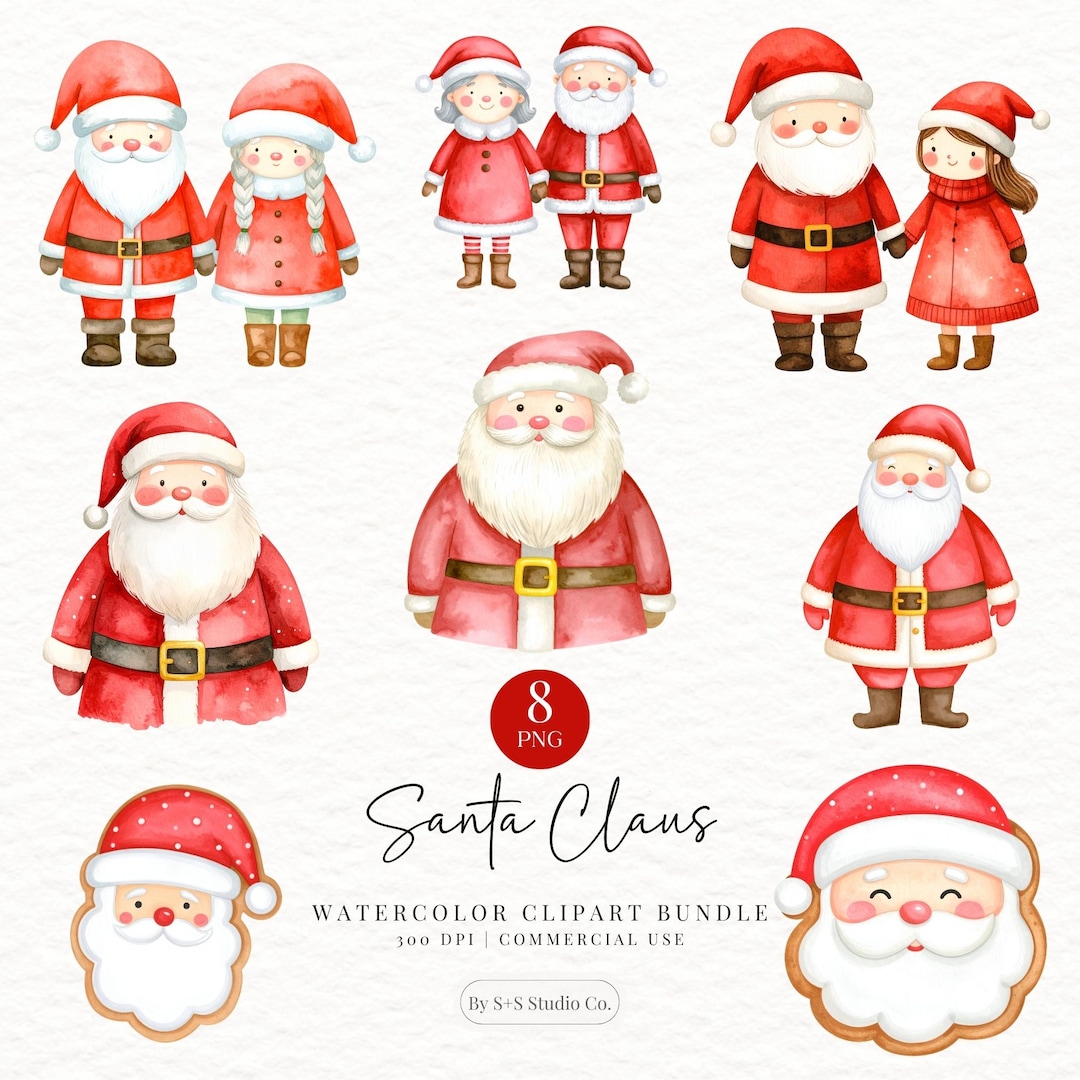 Watercolor Santa Claus Clipart, 8 Pngs, Holiday Cards (commercial Use ...