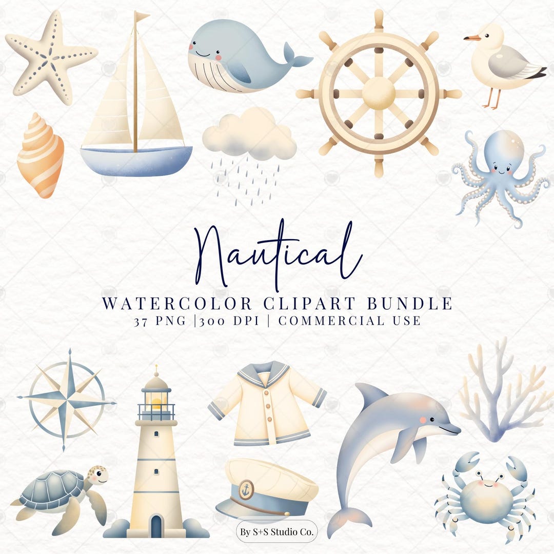 Watercolor Nautical Clipart - 37 PNG Bundle - Ocean Clipart - Marine ...