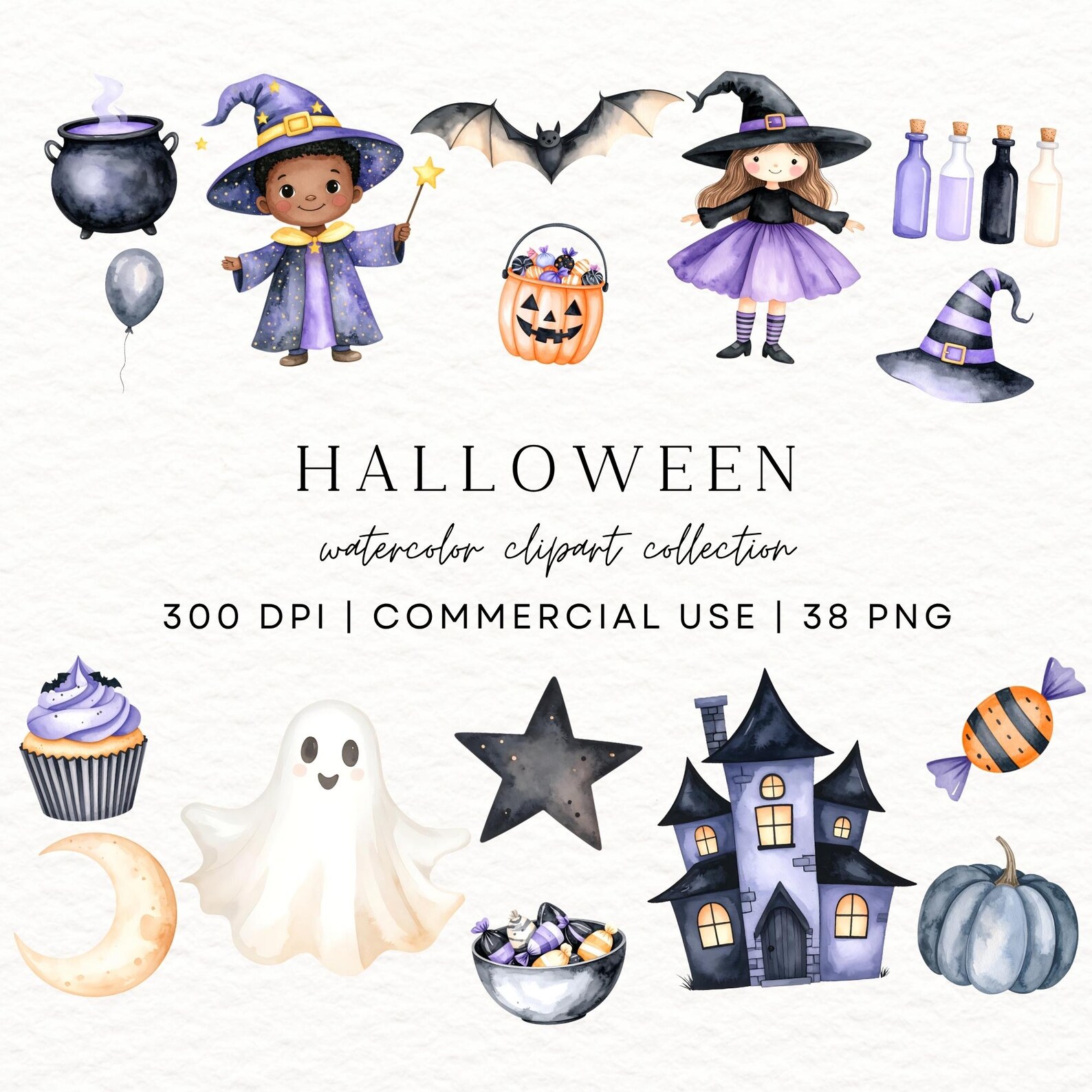 Watercolor Halloween Clip Art Bundle, Spooky Clip Art, Halloween ...