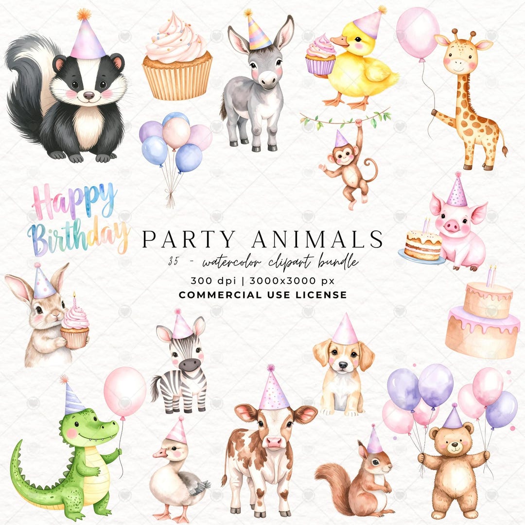 Watercolor Party Animal Clipart Bundle, Birthday PNG for Commercial Use ...