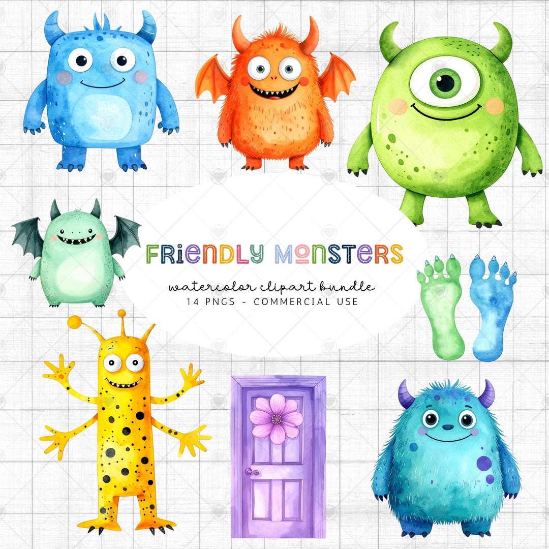Watercolor Monster Clipart Bundle - Friendly Monsters Pngs for ...
