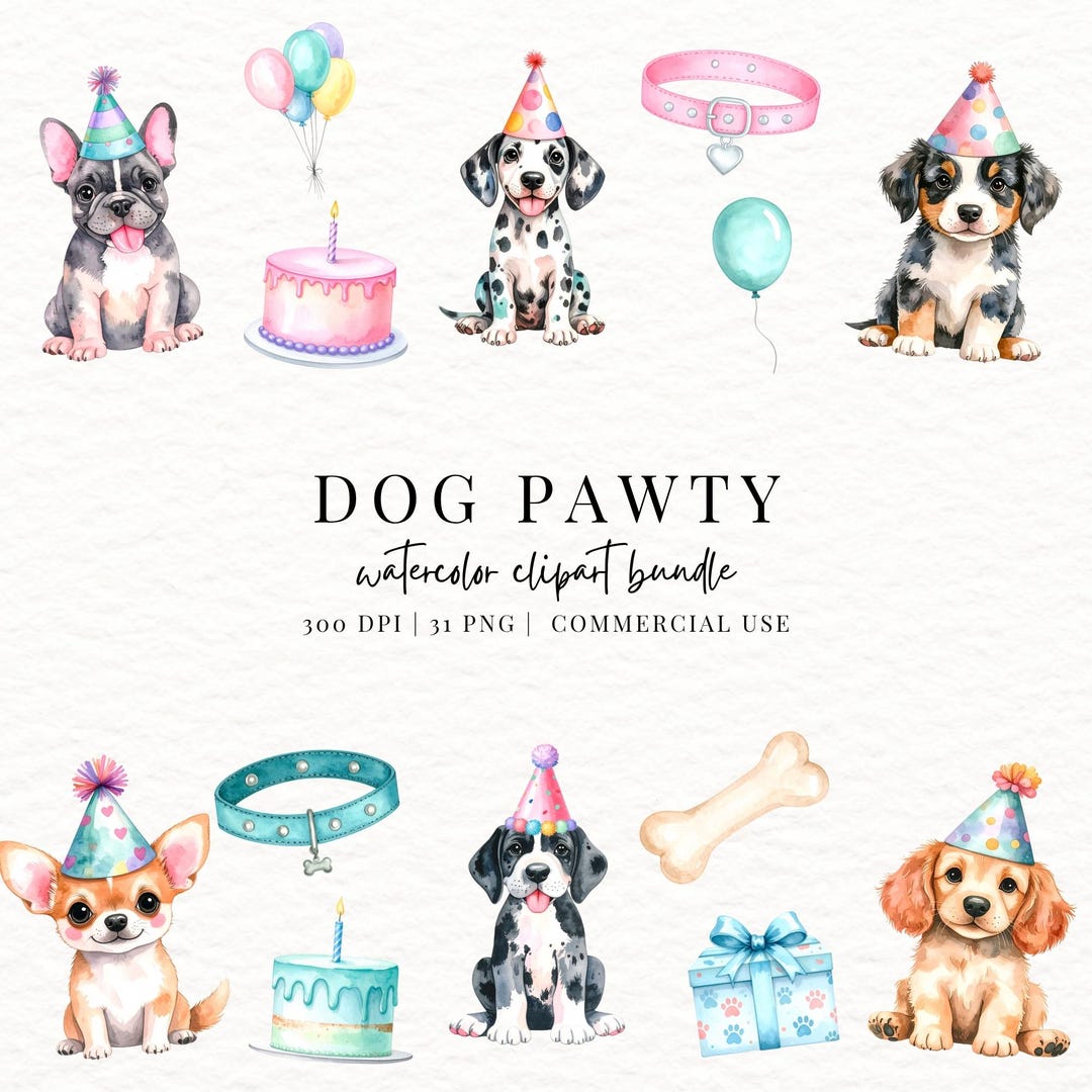 Watercolor Dog Breeds Clipart: Puppy Birthday Party PNG Bundle ...