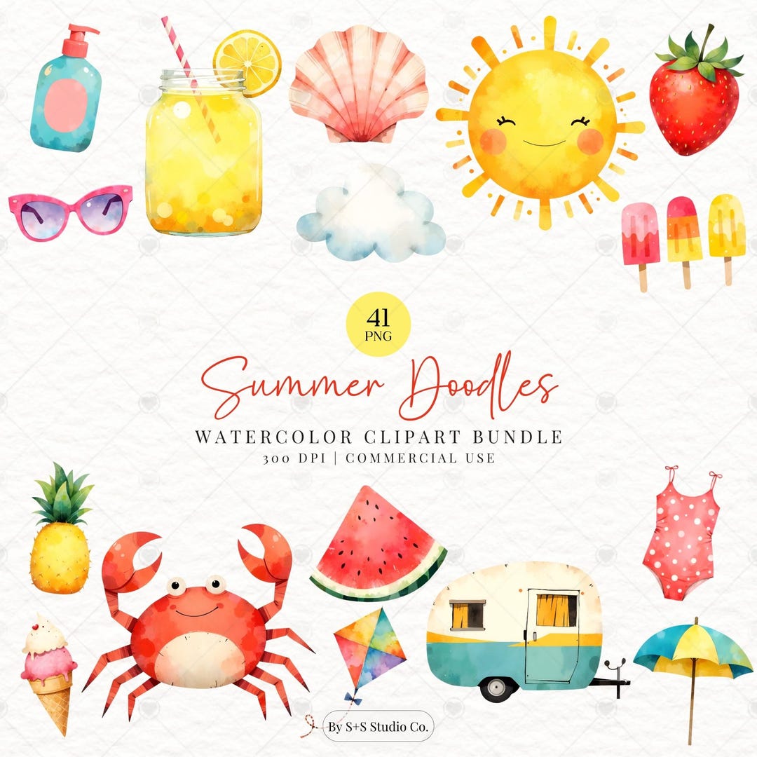 Summer Watercolor Clipart Set – 41 PNG Doodles, Commercial Use - Etsy