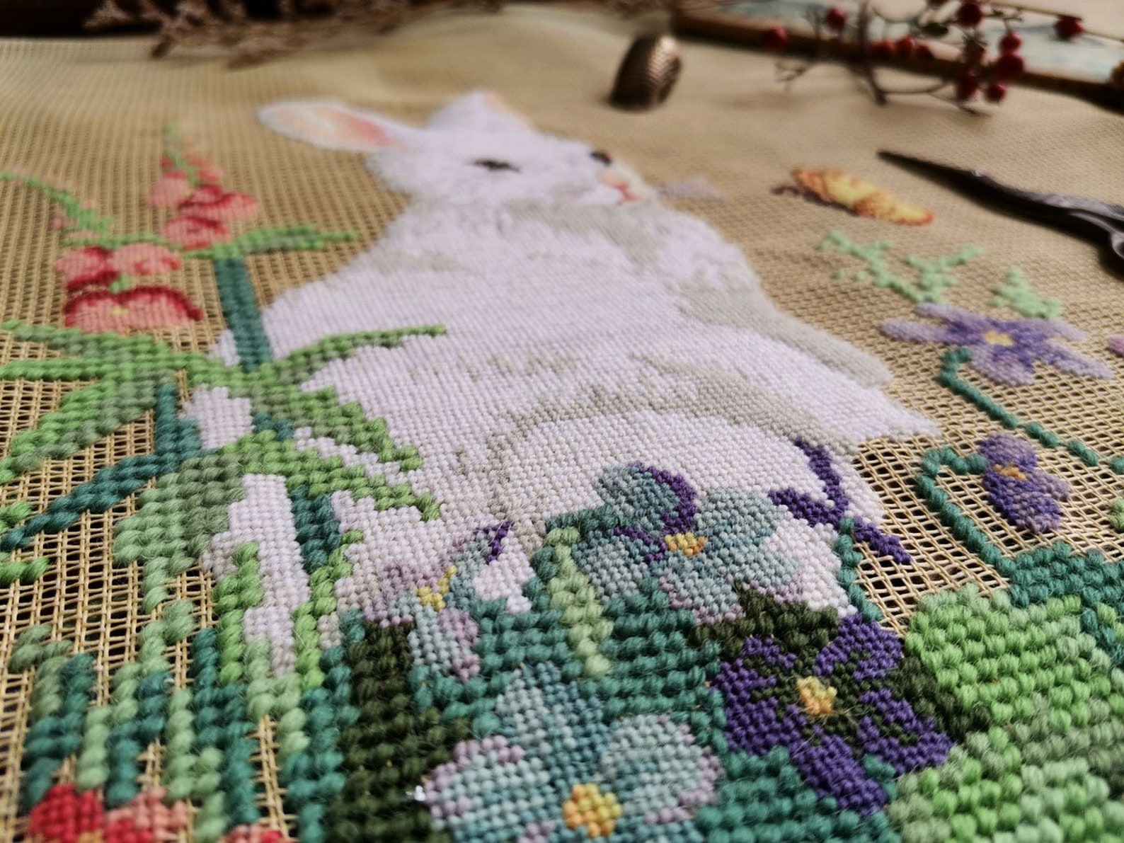 Vintage 18" PREWORKED Needlepoint Canvas - Bunny Rabbit in Flowers ...